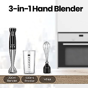 COMFEE' Immersion Hand Blender, Brushed Stainless Steel, 2-Speed, Multipurpose Stick Blender with 200 Watts, 600ml Mixing Beaker and Whisk, Perfect for Baby Food, Smoothies, Sauces and Soups, Black