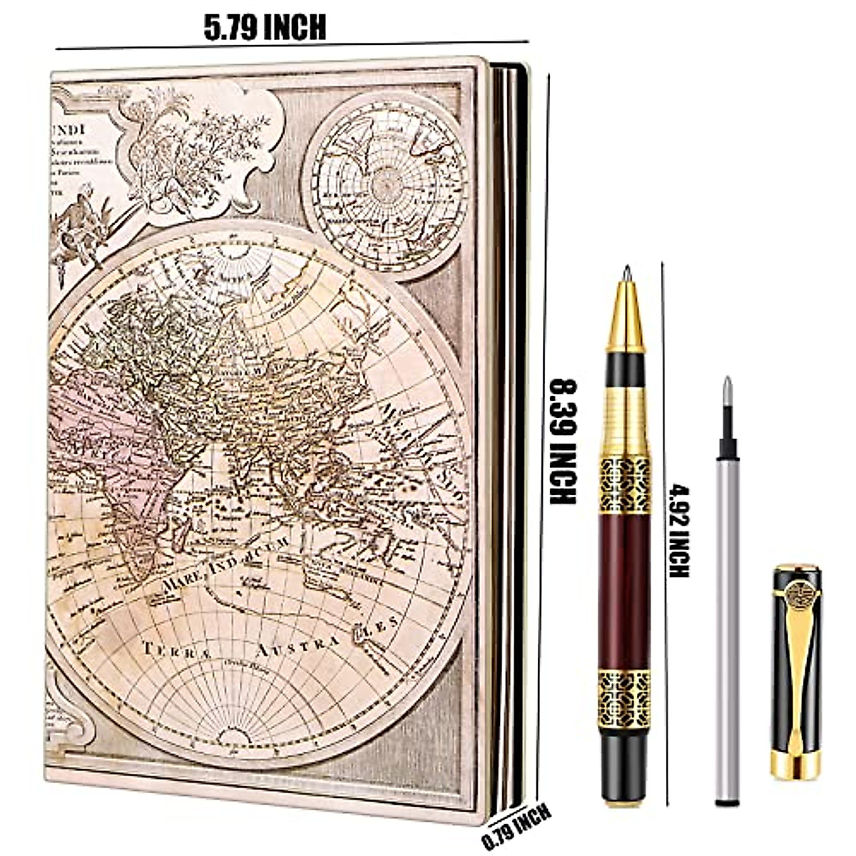 Pu Leather Writing Journal 3D Embossed Old World Map Vintage Writing Notebook with Luxury Pen Hardcover TravelJournal with Lined Page Sketchbook Gift for Men&Women.