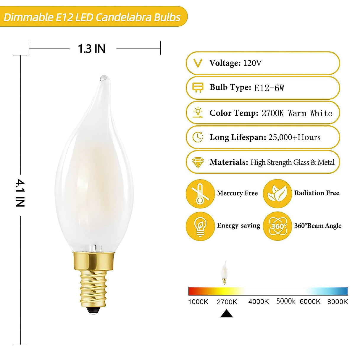 E12 Candelabra LED Bulb 60watt, Frosted LED Chandelier Light Bulbs,Type B 2700k Warm White, Flame Tip,6W Equal 60W,Dimmable for Ceiling Fan,Dining Room,Kitchen Fixture (6 Pack) (6w-2700k(warm White))