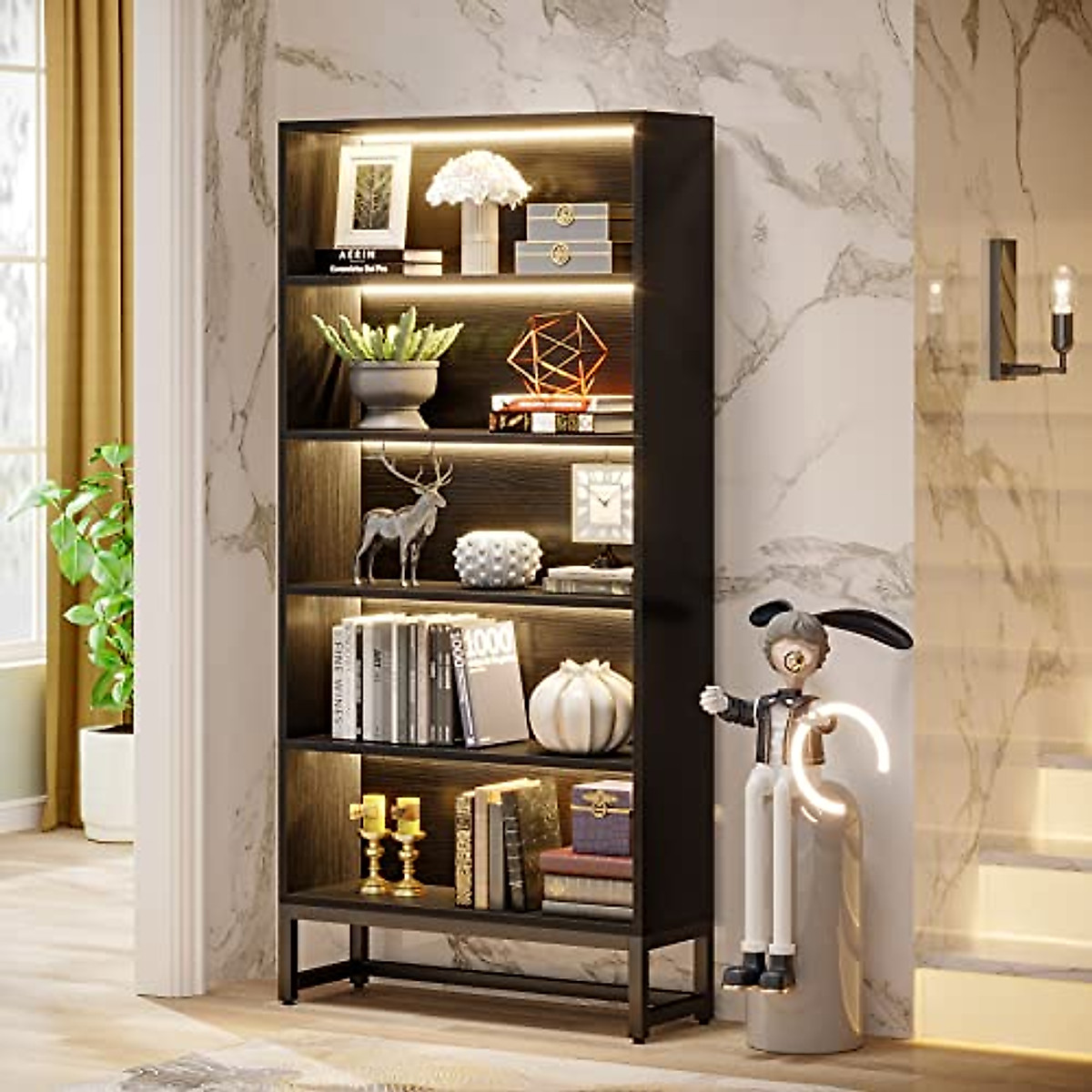 Tribesigns Tall Bookcase Black Bookshelf, 70.8” Large Bookcases Organizer with LED Lights, Heavy Duty Free-Standing Library Bookshelf with 5-Tier Storage Shelves for Living Room, Bedroom (Black)