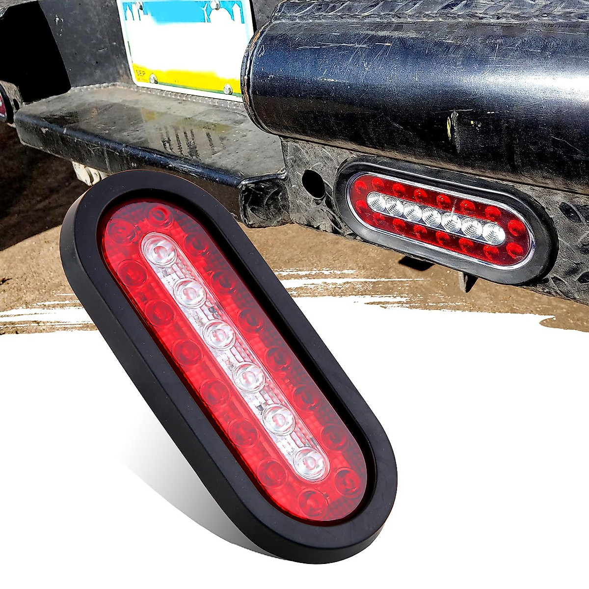 4Pcs 6.4 Inch Oval Led Trailer Tail Lights with Backup Reverse Lights, Oval Red Trailer Stop Turn Tail Lights and White Oval Trailer Backup Lights 22 LED w/Rubber Grommets and 3-Prong Wire Pigtails