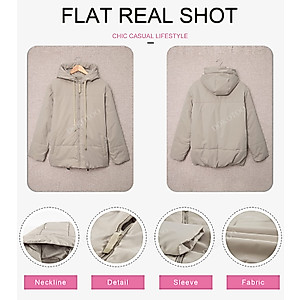 Dokotoo Womens Oversized Fashion Windbreaker Winter Autumn Full Zipper Front Drawstring Hooded Bomber Puffer Jacket Baggy Short Coats for Women Warm Comfy Soft Outerwear with Pockets Beige S