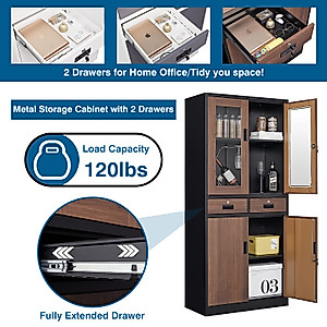 PEUKC Kitchen Pantry Cabinet, 71" Freestanding Kitchen Pantry Storage Cabinet with Drawer and Adjustable Shelves, Metal Tall Pantry Cabinet Cupborad with Glasses Doors, Wood Color