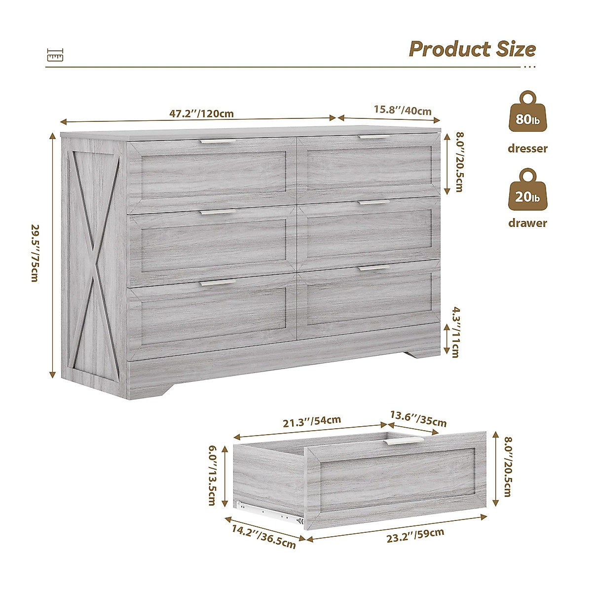 FTZxHKLX Modern 6-Drawer Dresser for Bedroom, Dresser Chest of Drawer with Large Drawers & Golden Handles, Wooden Dresser Drawer Storage Unit for Bedroom, Living Room, Closet (Wash Grey)