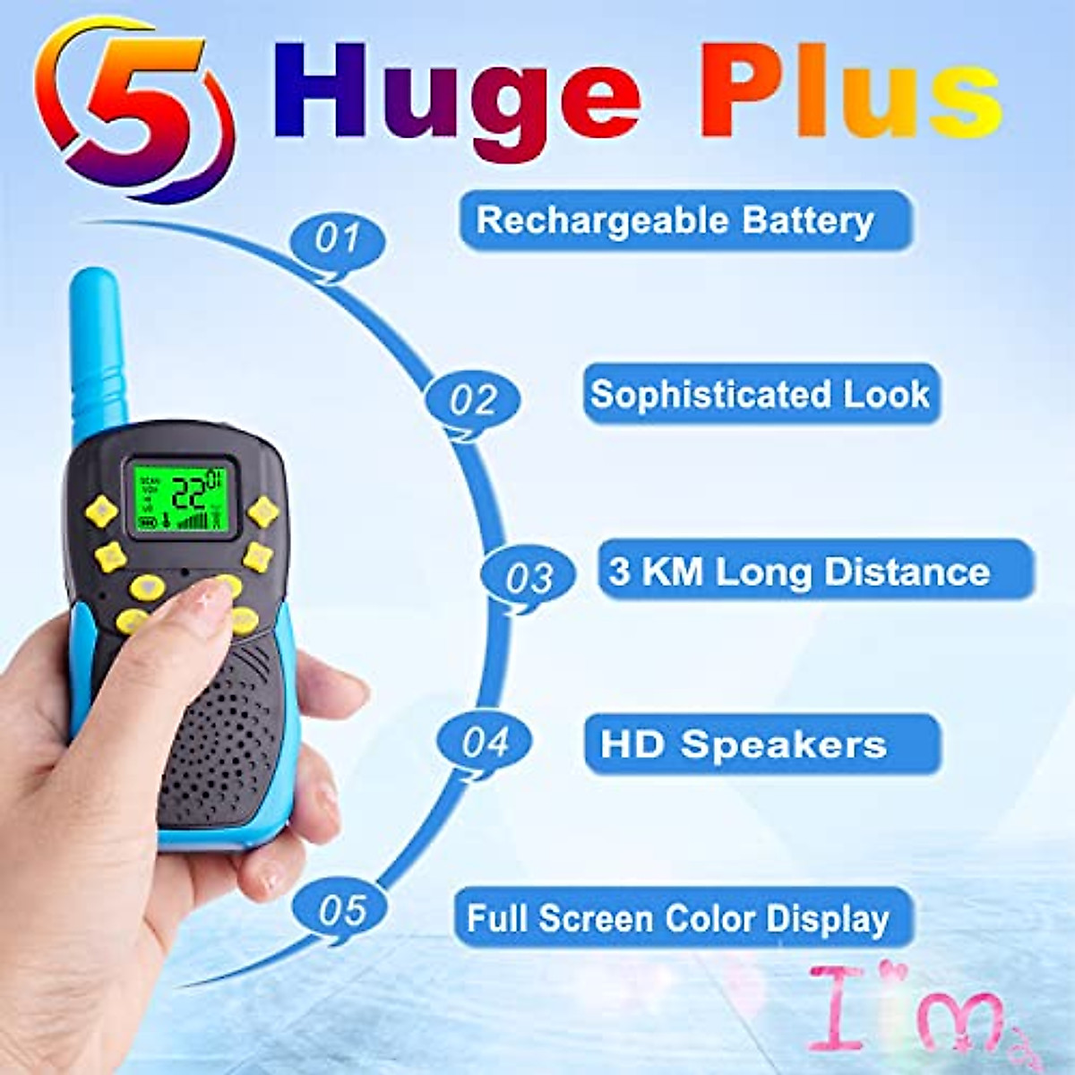 UECOO Rechargeable Walkie Talkies for Kids 22 Channels 2 Way Radio Toy with 2×1200mAh Lithium Battery Backlit LCD Flashlight 3 KM Long Range for Boys Girls Birthday (Black)