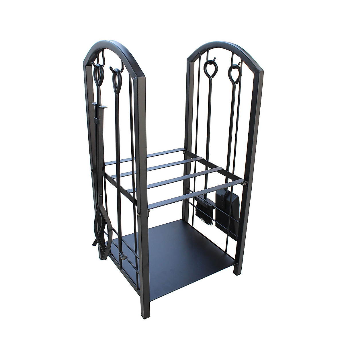 Everflying Fireplace Log Rack with 4 Tools Indoor Outdoor Fireside Firewood Holders Lumber Storage Stacking Black Wrought Iron Logs Bin Holder for Fireplace Tool