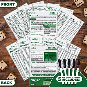 SWOOC Games - 5 Big Dry Erase Yardzee & Farkle Score Cards with 5 Markers (11.5in x 8in) | Large Laminated Reusable Pads & Pens for Giant Dice Games | Jumbo Yardzee Score Card and Farkle Score Sheets