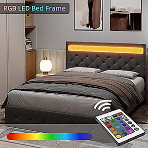 Homhougo Full Bed Frame with LED Lights Headboard, LED Bed Frame with Fast-Charging USB Port, Upholstered Platform Bed Frame, No Box Spring Needed, Easy Assembly, Grey