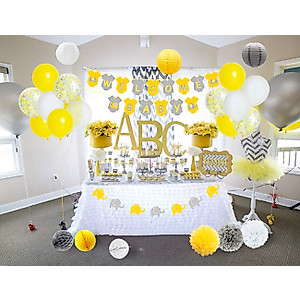JOYMEMO Yellow Grey Elephant Baby Shower Decorations Neutral for Boy or Girl, Welcome Baby Banner Elephant Garland Confetti Balloons for Gender Neutral Baby Decor