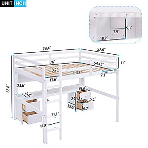 Full Size Loft Bed with Desk and Storage, Wooden Loft Beds Frame with Charging Station, High Loft Beds with 4 Drawers & 4 Shelves & 2 Outlets & 2 USB Port for Kids Teens Adults, White