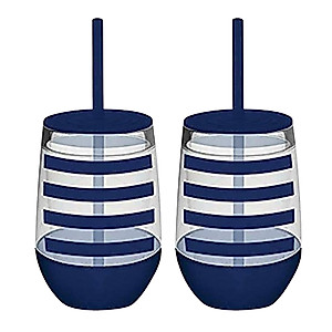 Needzo Reusable Outdoor Wine Glasses, Plastic Stemless Glass with Navy Stripes, Lid and Straw, Summer 2023 Cups for the Beach and Pool, Pack of 2