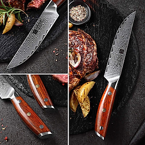 XINZUO Damascus Steel 4Pcs Steak Knife Set, 5 Inch Premium Dinner Knife Set Sharp Kitchen Table Knives -Straight Edge Blade -Triple Rivet -with Gift Box -Ergonomic Rosewood Handle-Yi Series