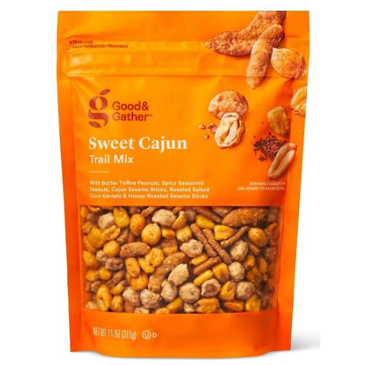Good Gather Sweet Cajun Trail Mix with Butter Toffee Peanuts, Spicy Seasoned Peanuts, Cajun Sesame Sticks, Roasted Salted Corn Kernels and Honey Roasted Sesame Sticks. 11 Oz (2 Pack)