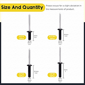 Mardatt 80 Pcs Flange Aluminum Blind Rivet Assortment Set, Black Large Head Tri-Fold Exploding Aluminum Pop Rivets for Sheet Metal, Automotive and Furniture -3/16" x (9/16", 3/4", 13/16, 1")