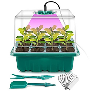 Seed Starter Tray with Grow Light, NEWKITS Plant Germination Starter Kit Seed Starter kit with Humidity Dome and Base for Greenhouse Grow Wheatgrass Hydroponic(12 Cells per Tray) (with Grow Lights)