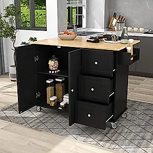 MACHOME Rolling Mobile Kitchen Island Cart with Storage on Locking Wheels, Kitchen Cart w/Solid Wood Top and Breakfast Bar, Kitchen Storage Cabinet w/ 3 Drawers, 52.76" L x 29.50" W x 36.8" H,-Black