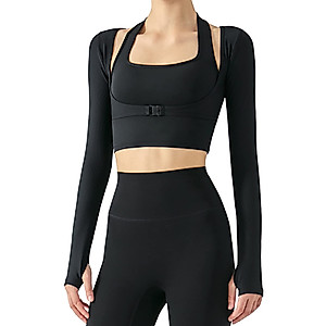 Long Sleeve Halter Crop Top for Women Cutout Sports Shrug Shirt Stretch Slim Fit Workout Tshirt Gym Yoga Tank Top Thumb Hole Running Training Crop Sport Bra Black