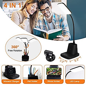 Vicsoon Desk Lamp with Wireless Charger, LED Desk Lamps for Home Office, 800 Lumens, Small Desk Lamp with Pen Holder, Flexible Arm, 3 Modes, Dimming, Touch Lamp for College Dorm Room, with Adapter