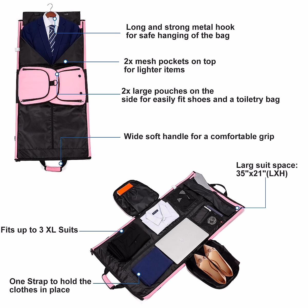 Carry On Garment Bag for Women, Durable Garment Duffle Bag for Travel with Shoes Compartment, Convertible & Foldable 2 in 1 Hanging Dress Weekender Suitcase Suit Travel Bag, Gifts for Women, Pink