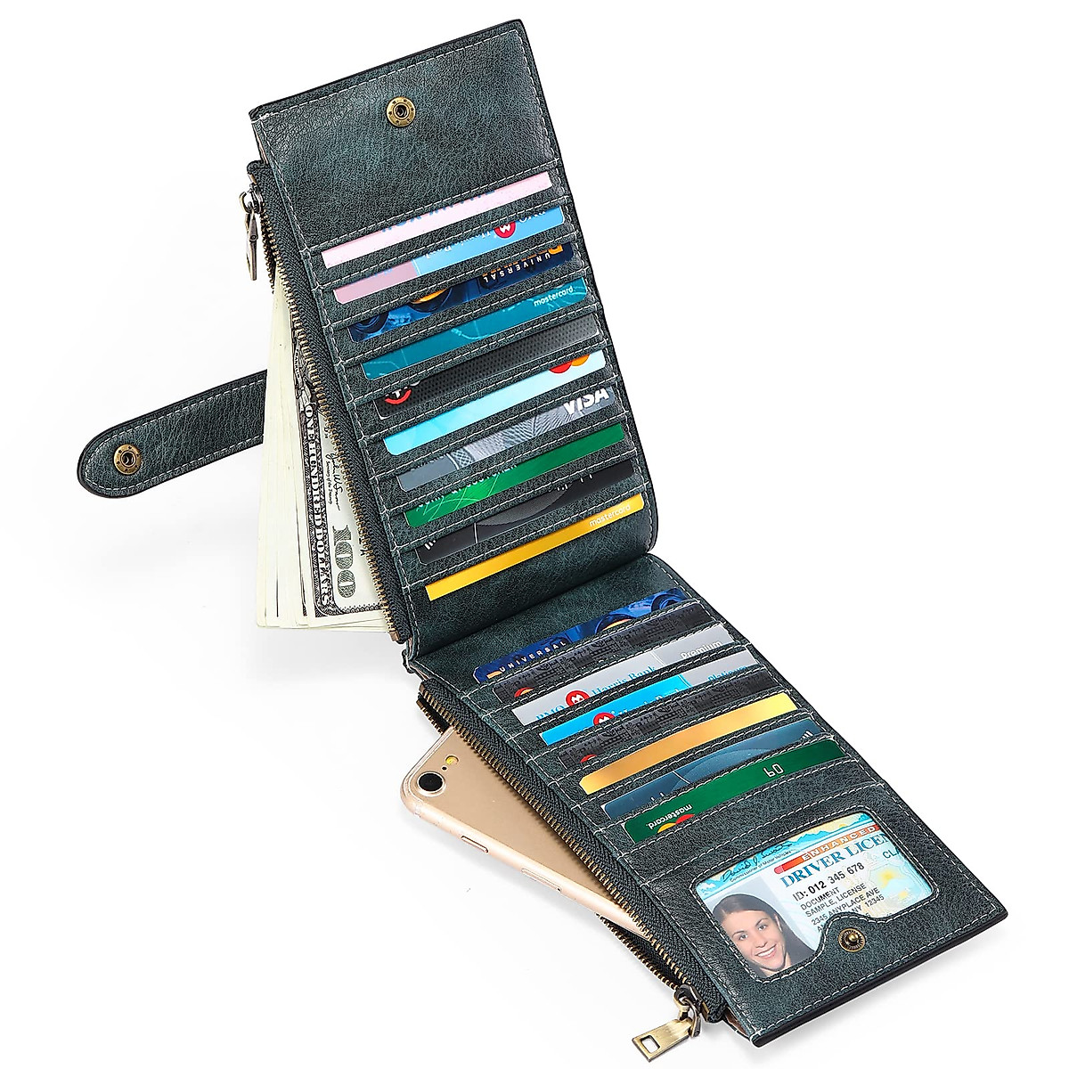 GOIACII Womens Walllet RFID Blocking Leather Bifold Credit Card Holder with 2 Zipper Pockets Blue Black