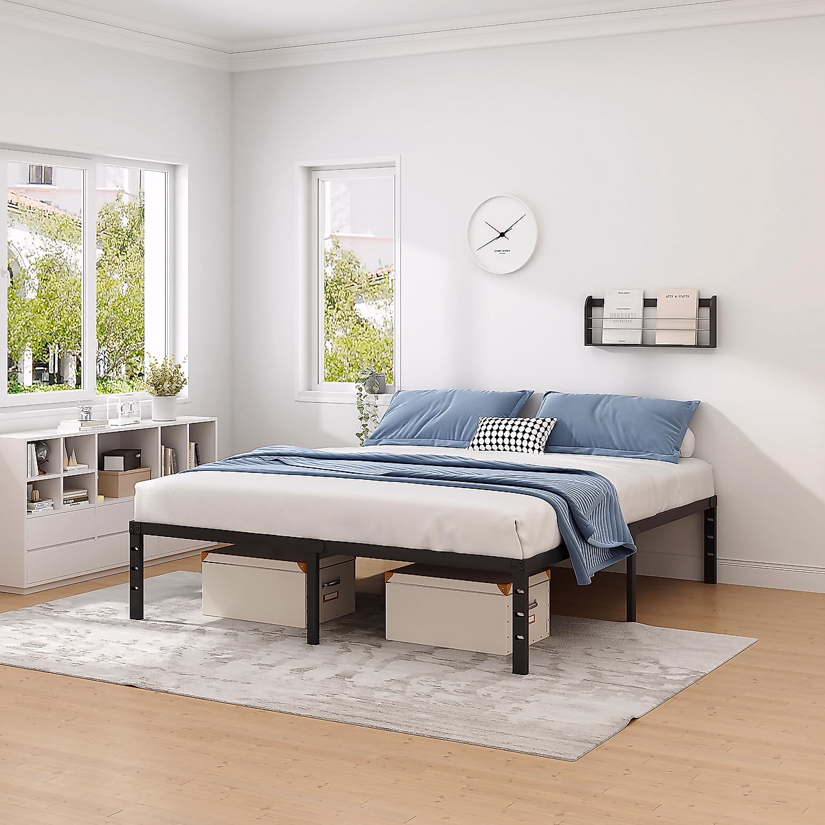 NEW JETO Metal Bed Frame,Queen Size Bed Frame with Storage Space,Heavy Duty Sturdy Mattress Foundation, Easy Assembly,No Box Spring Needed, Black,12 Inch,Queen