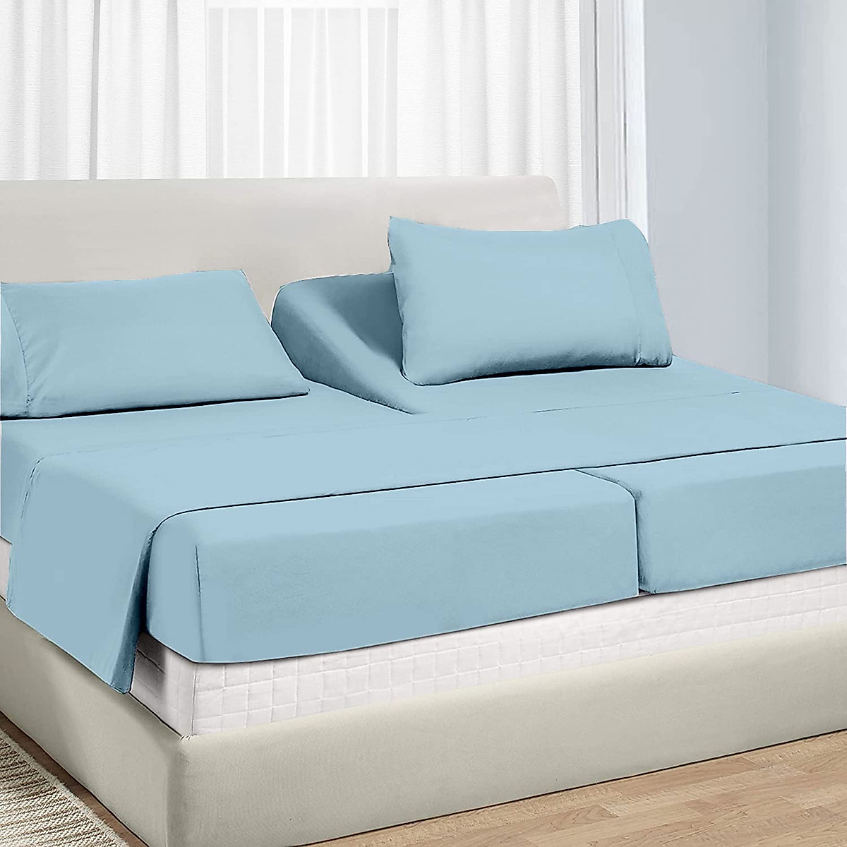 Split King Sheets For Adjustable Bed,Sheets For Adjustable Bed,Twin XL Fitted Sheets For Adjustable Bed Split King,Split King XL Sheets,King Size Split Sheets-16"Drop (5 Pieces)(Light Blue Solid)