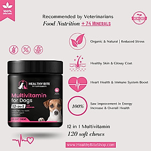 Healthy Bite 12 in 1 Multivitamin for Dogs - Dog Skin and Coat Supplement, Immune Support for Dogs, Pet Vitamins Dogs, Calcium for Dogs, Vitamin for Dogs Made in USA - 120 Count