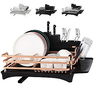 Aluminum Dish Drying Rack, ROTTOGOON Rustproof Dish Rack and Drainboard Set with Drainage, Utensil Holder, Cup Holder, Compact Dish Drainer for Kitchen Counter Cabinet, 16.5"L x 11.8"W, Black & Copper