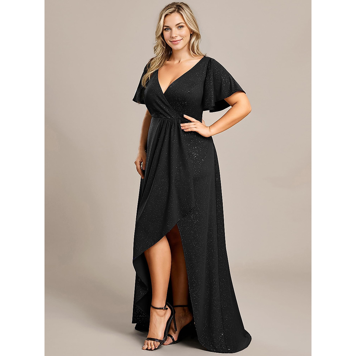 Ever-Pretty Women's Plus Size A-line V Neck Maxi High Low Winter Fall Ball Gowns Party Dresses Black US18