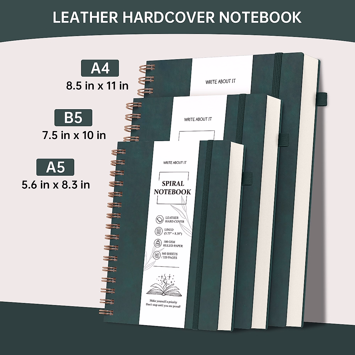 Lined Spiral Journal Notebook with 320 Numbered Pages, B5 College Ruled Thick Journals for Writing with 100GSM Paper, Hardcover Notebooks with Contents for Work, School, Women, Men, Green