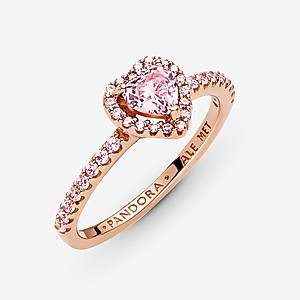 Pandora Sparkling Pink Elevated Heart Ring - Rose Gold Ring for Women - Layering or Stackable Ring - Gift for Her - 14k Rose Gold-Plated Rose with Cubic Zirconia - Size 7.5