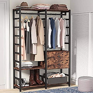 Tribesigns Free-Standing Closet Organizer, Heavy Duty Clothes Rack with Handing Bar and Shelves, Large Closet Storage & Closet Garment Rack with Drawers,Rustic