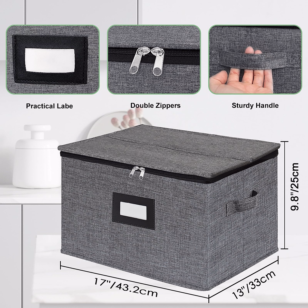 homyfort China Storage Containers - Stemware Storage Box,Cups, Tea Mugs Sets Storage Box with Lid and Handles Hard Shell and Stackable(Grey)