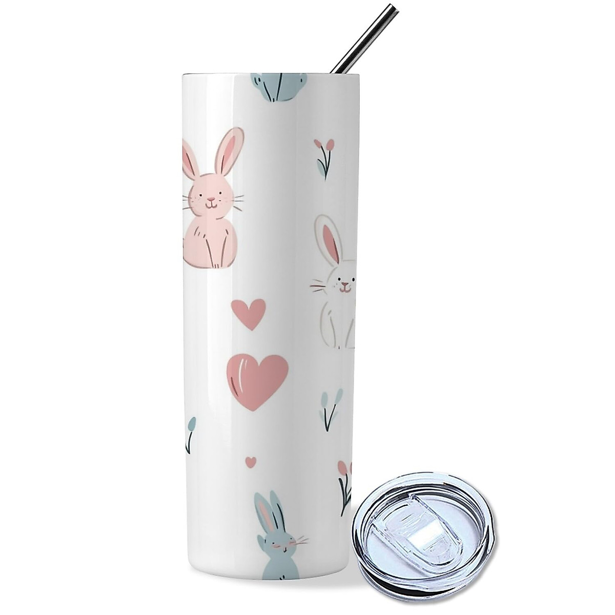 Tumbler with Lid and Straw Cartoon Love Rabbit Thermos Coffee Travel Mug Cute Cups 20 oz Insulated Tumbler for Daily Holiday Decor Gift Coffee Cup