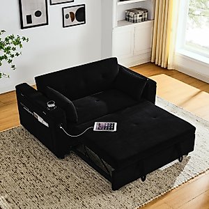 Linique 54'' Convertible Pull-Out Sleeper Sofa Bed with USB Power Outlet, Chenille Upholstered Sleeper Sofabed with Adjustable Backrest/Side Pockets/Cup Holders/Lumbar Pillows (Black)