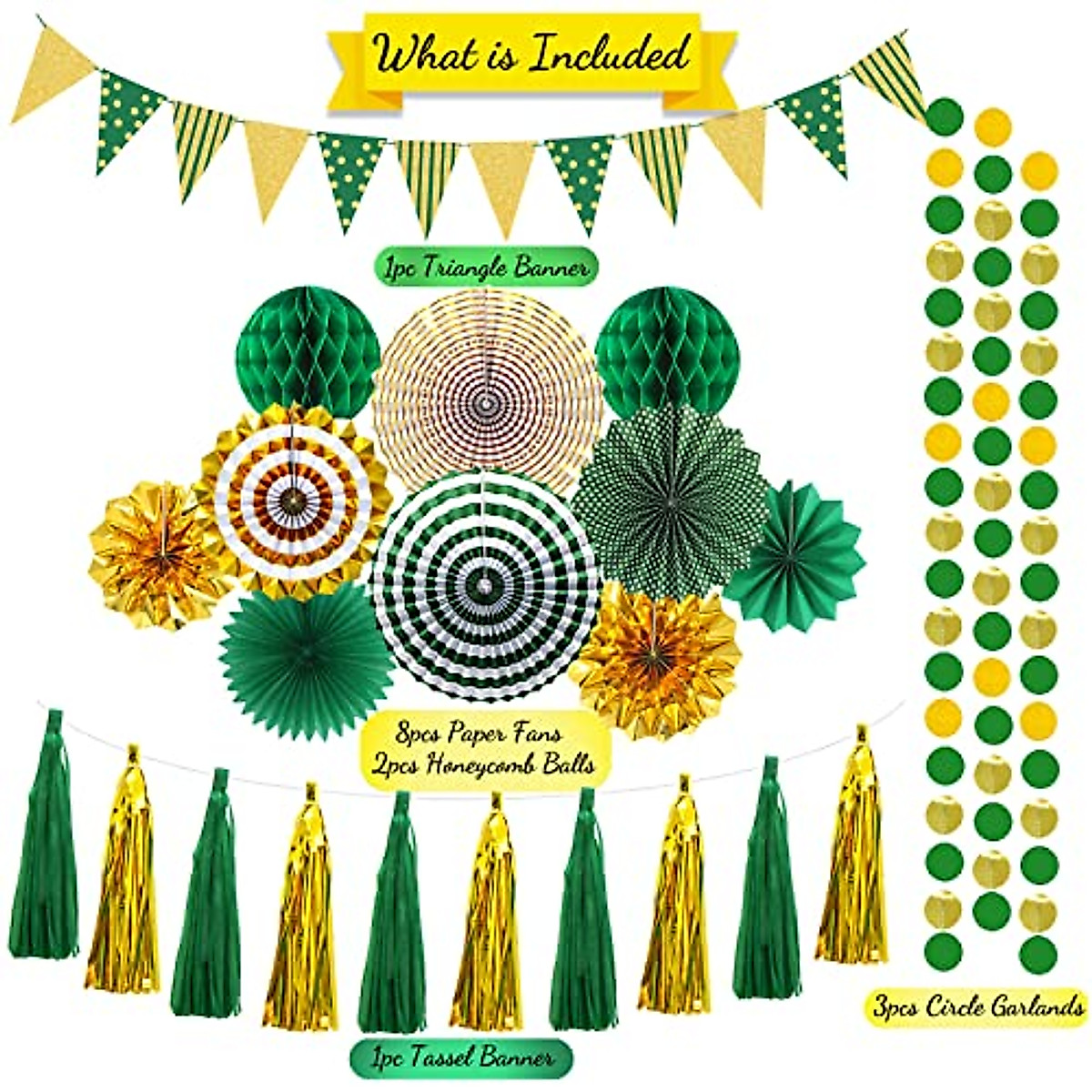 Green Gold Paper Fans Hanging Glitter Paper Triangle Flag Pennant Banner Tassel Garland Circle Banners Party Decorations for Bachelorette, Birthday Carnival, Engagement Wedding, Baby Bridal Shower