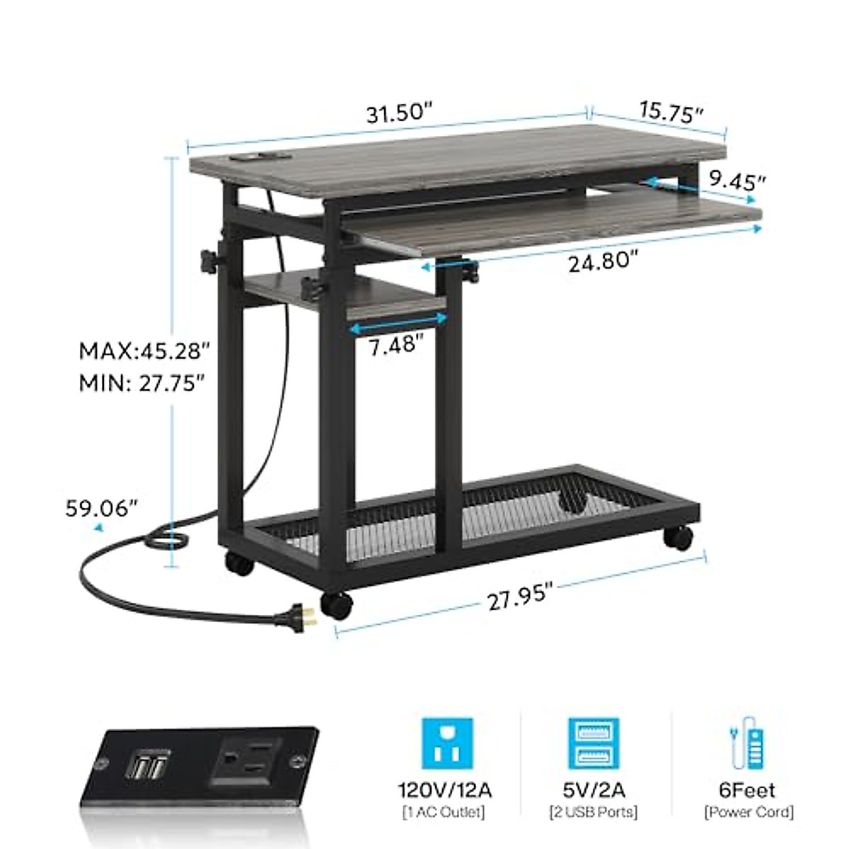 Tribesigns Small Portable Desk with Power Outlet, Height Adjustable Sofa Couch Bedside Laptop Table with Wheels, Mobile Standing Desk Rolling Computer Cart C Side Table with USB Ports