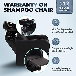 Buy-Rite Lexus Backwash Unit - Salon Shampoo Chair & Tilting Porcelain Shampoo Bowl, European Style Single Handle Faucet, Extra Wide Seat and Kick-Out Leg Rest, TS-8018B (Black)