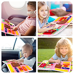 Busy Board Montessori Toy for 1 2 3 4 Year Old Toddlers Sensory Activity Board for Basic Dress Fine Motor Skills Travel Toys with Handle for Kids Car Rides Air Plane Travel Preschool Play(Pink)