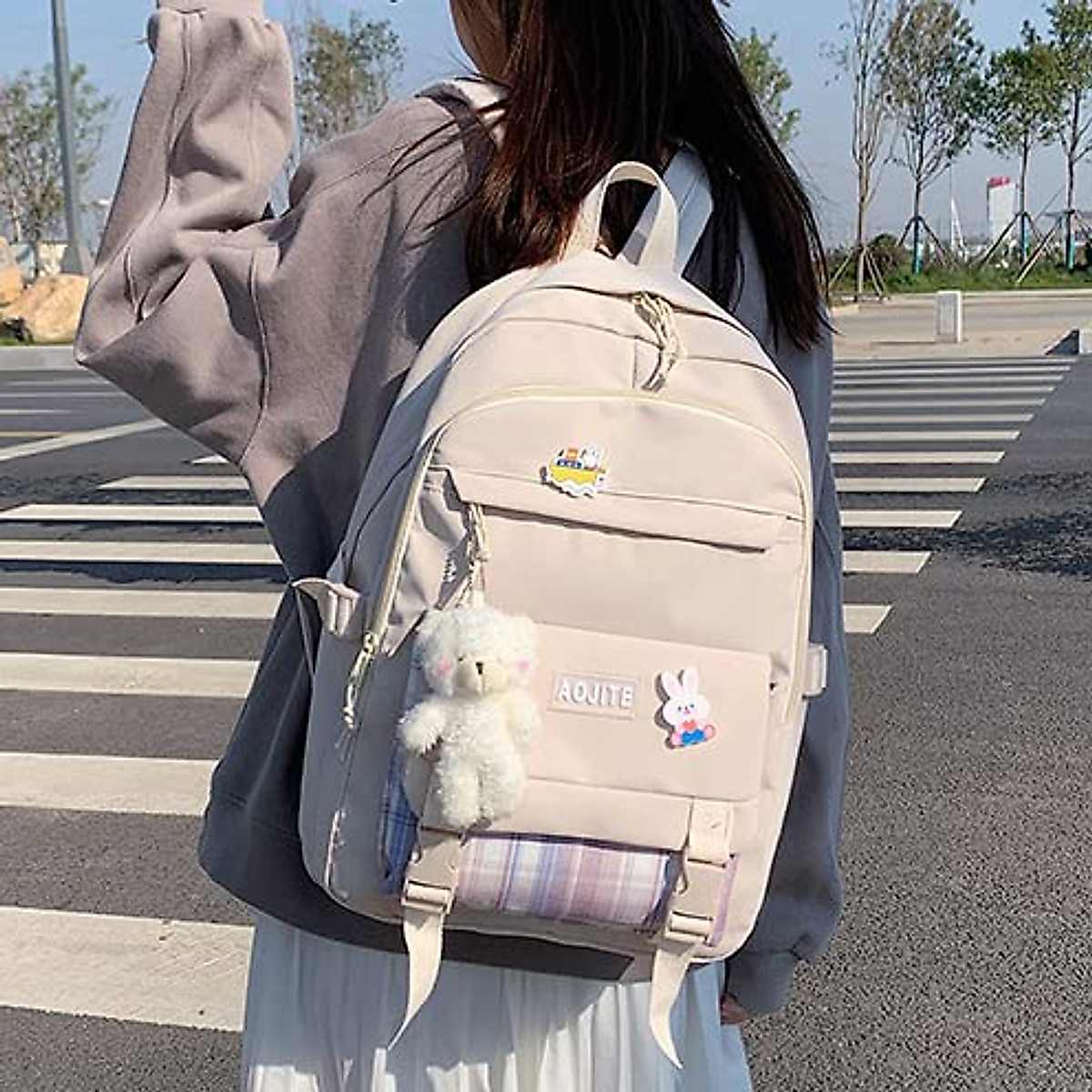 Kawaii School Backpack for Teen Girls Aesthetic Cute Adorable Back to School with Cute Pin and Bear Accessories(Off-White)
