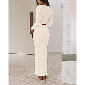 BTFBM Women's Fashion 2 Piece Outfits 2023 Fall Winter Long Sleeve Bodycon Pullover Tops Ruched Mermaid Maxi Skirt Set(Solid Beige, Large)