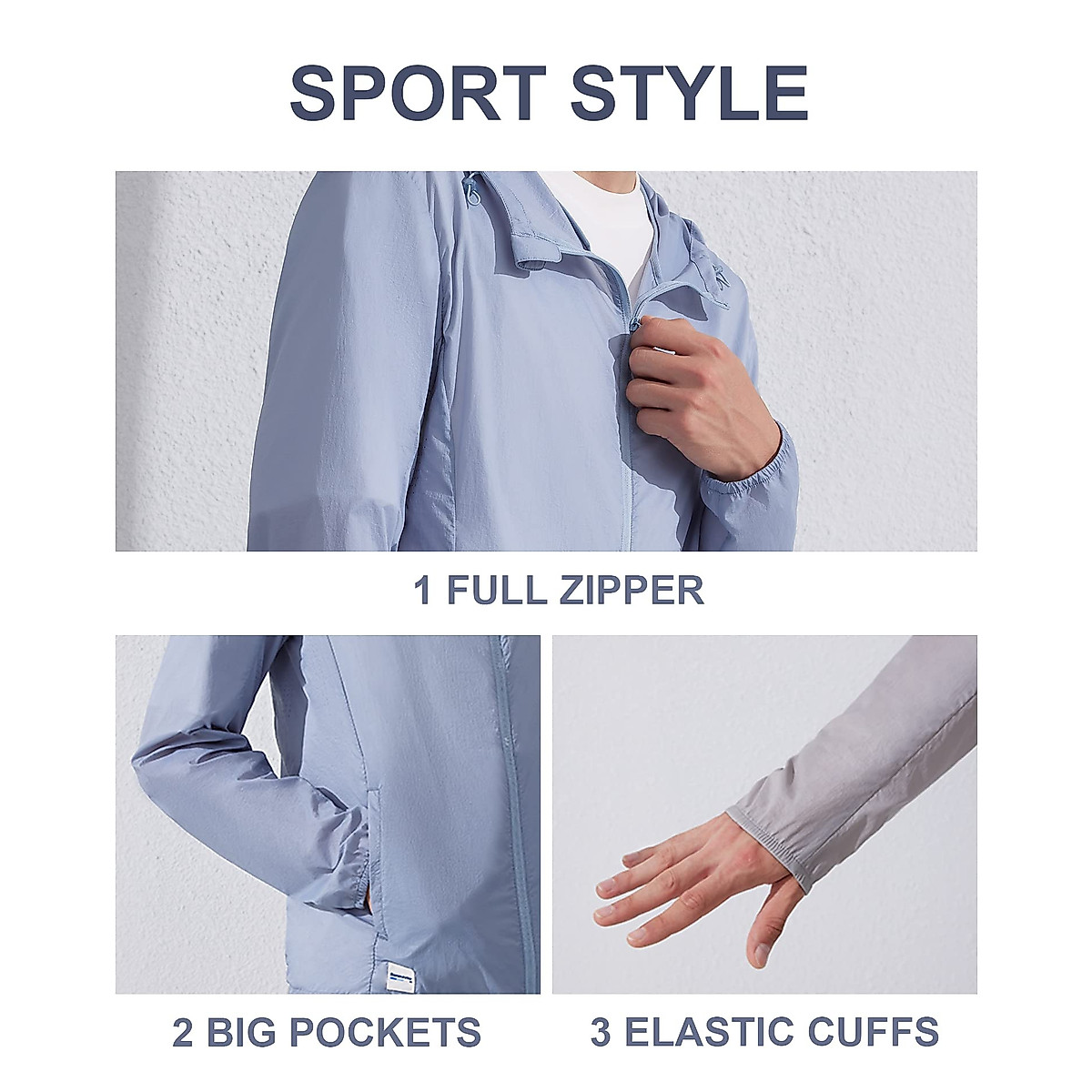 BENEUNDER UPF 50+ Outdoor Jackets Unisex, Full Zip-Up Lightweight Quick-Dry Jacket for Hiking Cycling Water Sports(LightGray 170/92A)