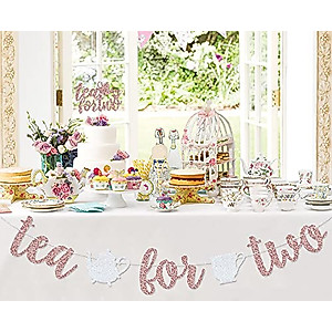 Tea for Two Rose Gold Glitter Banner Sign Garland With Teapot Teacups Pre-strung & Tea for Two Cake Topper for 2nd Second Birthday Tea Party Decorations