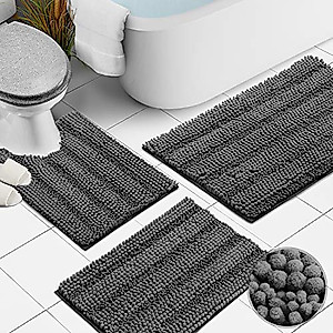 Clara Clark Chenille Bathroom Rugs, Ultra Soft Plush Shaggy Bath Mats for Bathroom, Machine Washable Non Slip Backing Rubber Bath Rug Set, 3 Piece Bathroom Rug Set, Gray