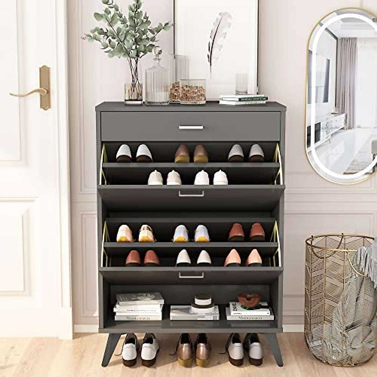 AWQM Shoe Cabinet for Entryway, Modern Free Standing Shoe Storage Cabinets, Wooden Slim Shoe Organizer Cabinet for Entryway, Hallway - Grey (Men's 8.5)