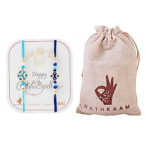 HATHKAAM Set of 2 Designer Evil Eye Blue Rakhi | Traditional Handmade Rakhi for Brother Bhai | Rakhi Bracelet for Bhaiya Combo Gift made with fine Threads for Rakhsha Bandhan (HKR2006)