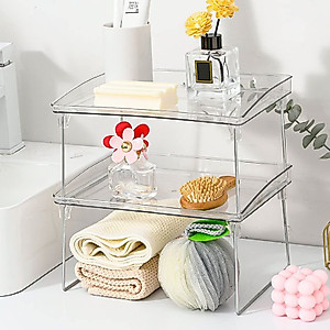 Estink Stackable Clear Organizer, Plastic Transparent Stackable Countertop Shelves Tabletop Storage Rack for Makeup Kitchen Utensils Cosmetics Stationery Bathroom Supplies Organization