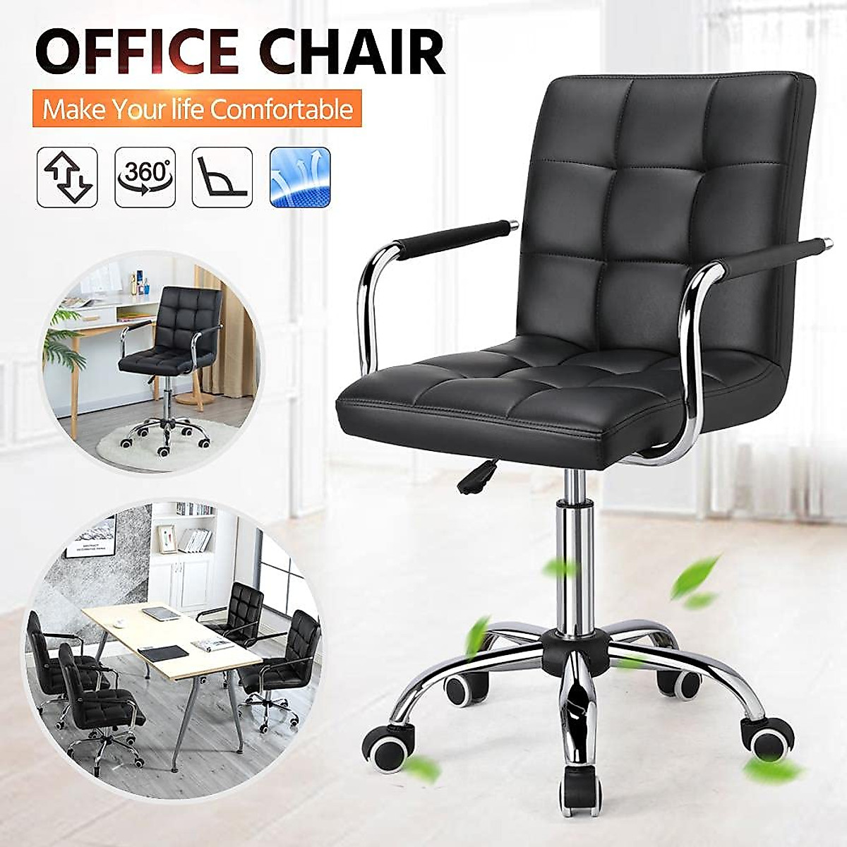 Topeakmart Home Office Chair Height Adjustable Desk Chair Mid Back PU Leather with 360° Swivel Large Seat with Wheels Black