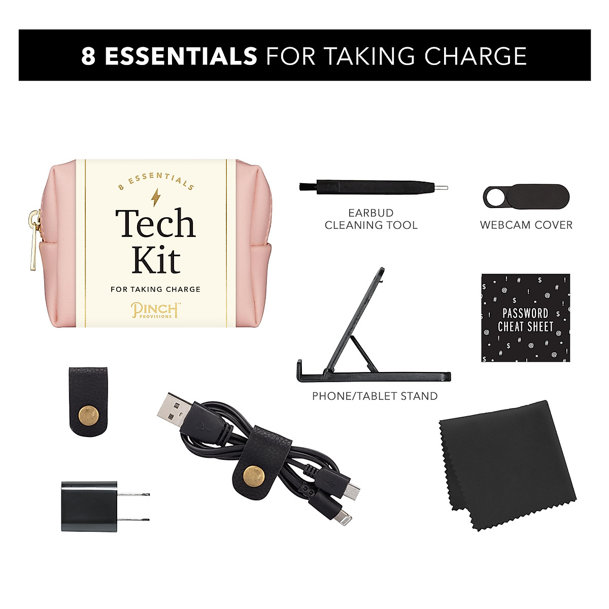 Pinch Provisions Tech Kit, Blush Tech Accessories Bag Filled with 8 Essentials Including Cord Organizer, Charging Cord, USB, Ideal Gift for Work, Christmas & Birthdays, Portable Pouch