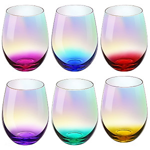 NiHome Stemless Wine Glasses 20oz 6-Pack Iridescent Gradient Rainbow Colors Large Water Glasses Margarita Glassware Set Wine Drinking Tumblers